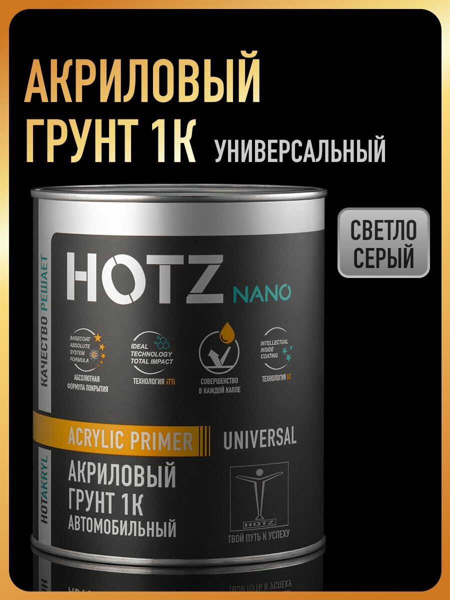 Грунт акриловый автомобильный 1К , светло-серый, 1 литр, HOTZ