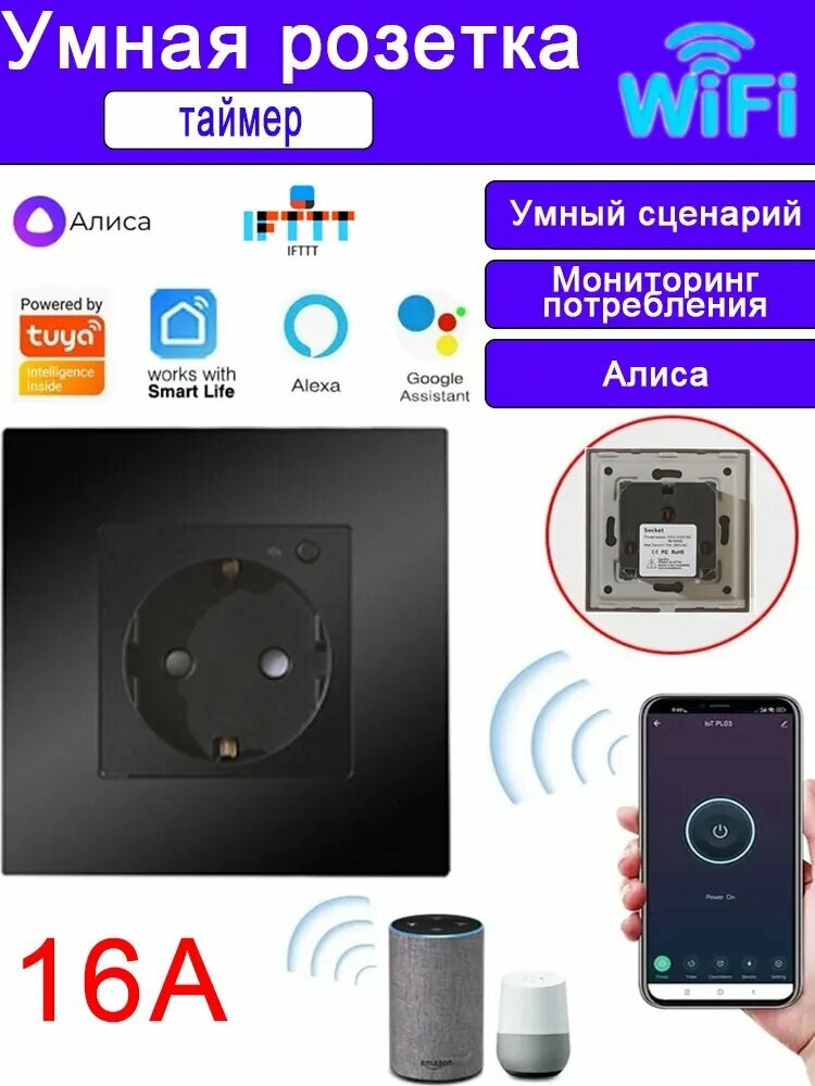 Умная беспроводная Wi-Fi розетка внутреннего монтажа, 16А, с отслеживанием энергопотребления, черный