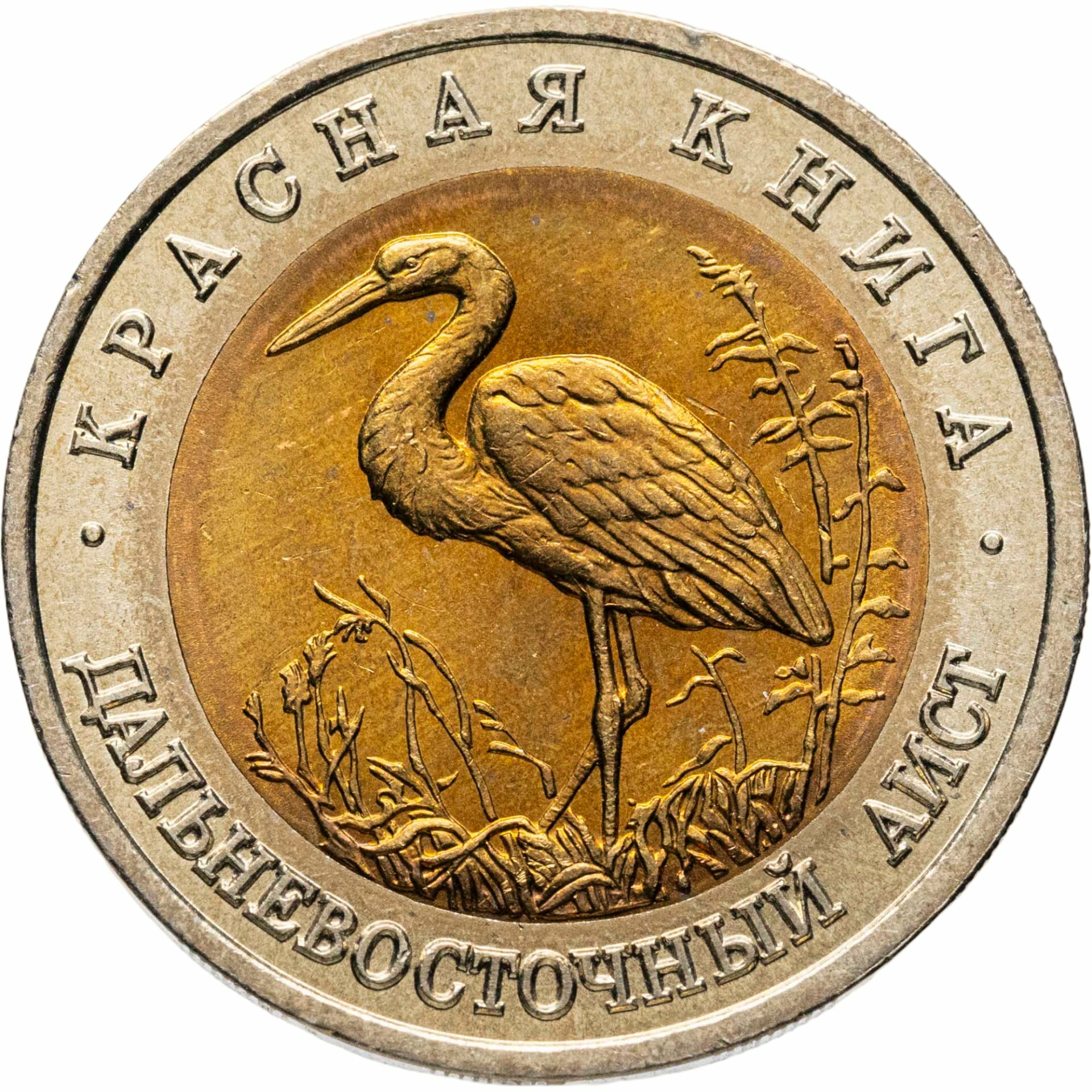 50 рублей 1993 ЛМД Дальневосточный Аист - Красная книга, Биметалл, в сохранности AU-UNC