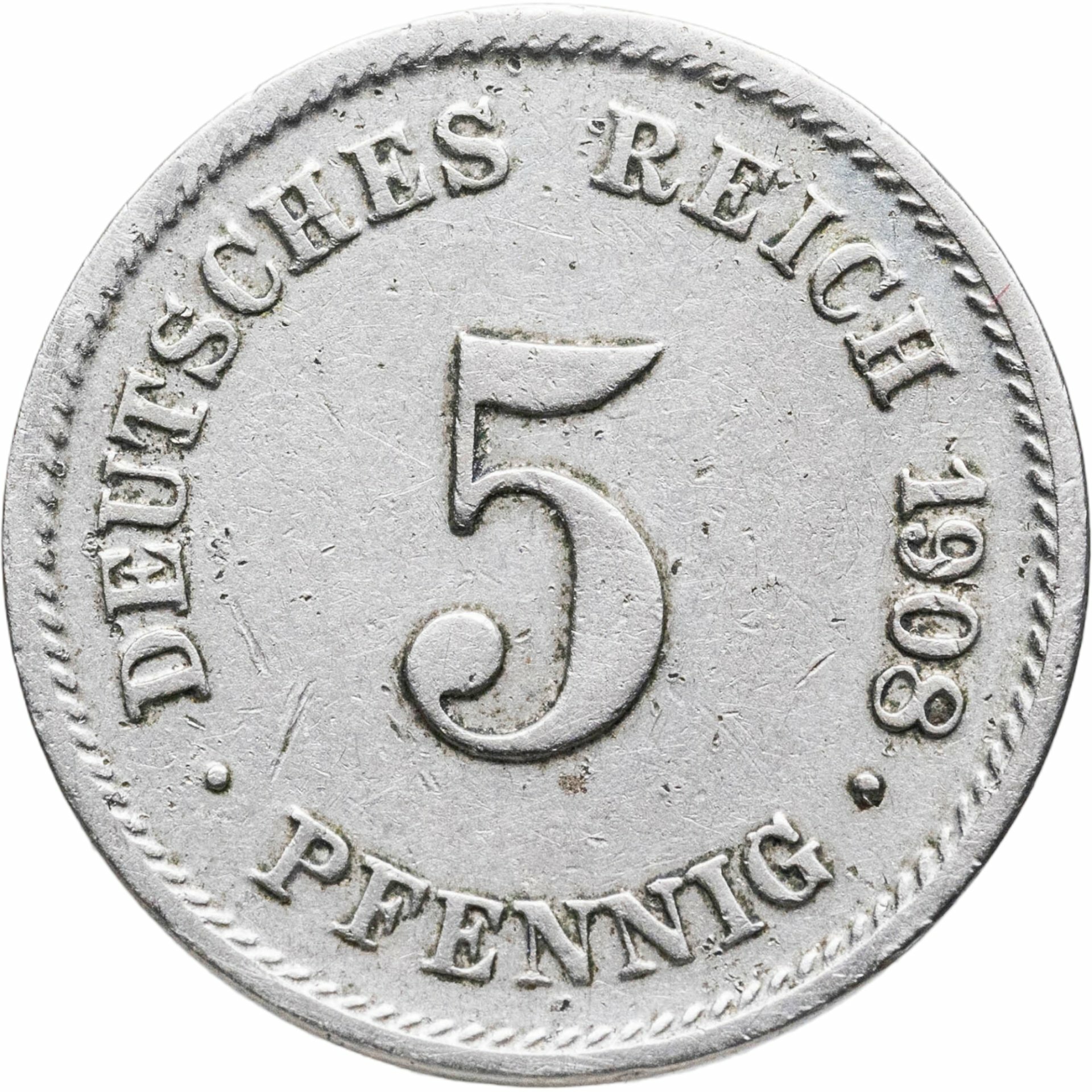 Германия 5 пфеннигов pfennig 1908 G знак монетного двора: "G" - Карлсруэ, Мельхиор медь-никель, в сохранности VF-XF