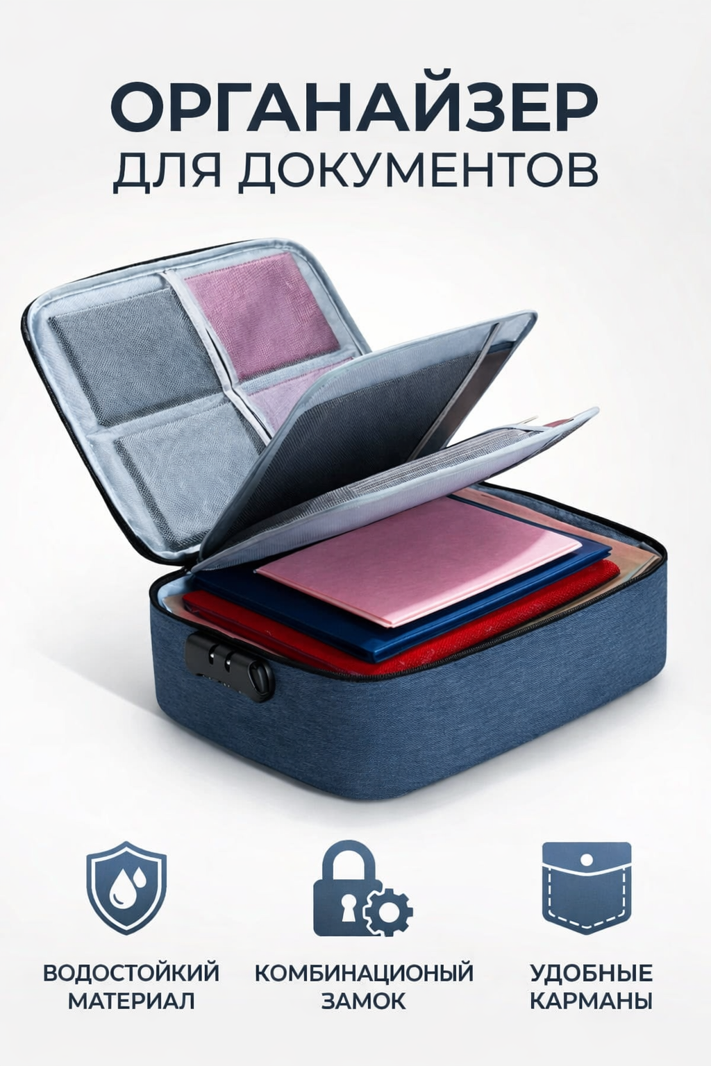 Сумка-органайзер с кодовым замком — для документов и важных бумаг, синяя