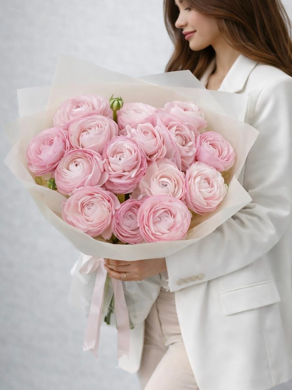 Букет из 15 розовых ранункулюсов