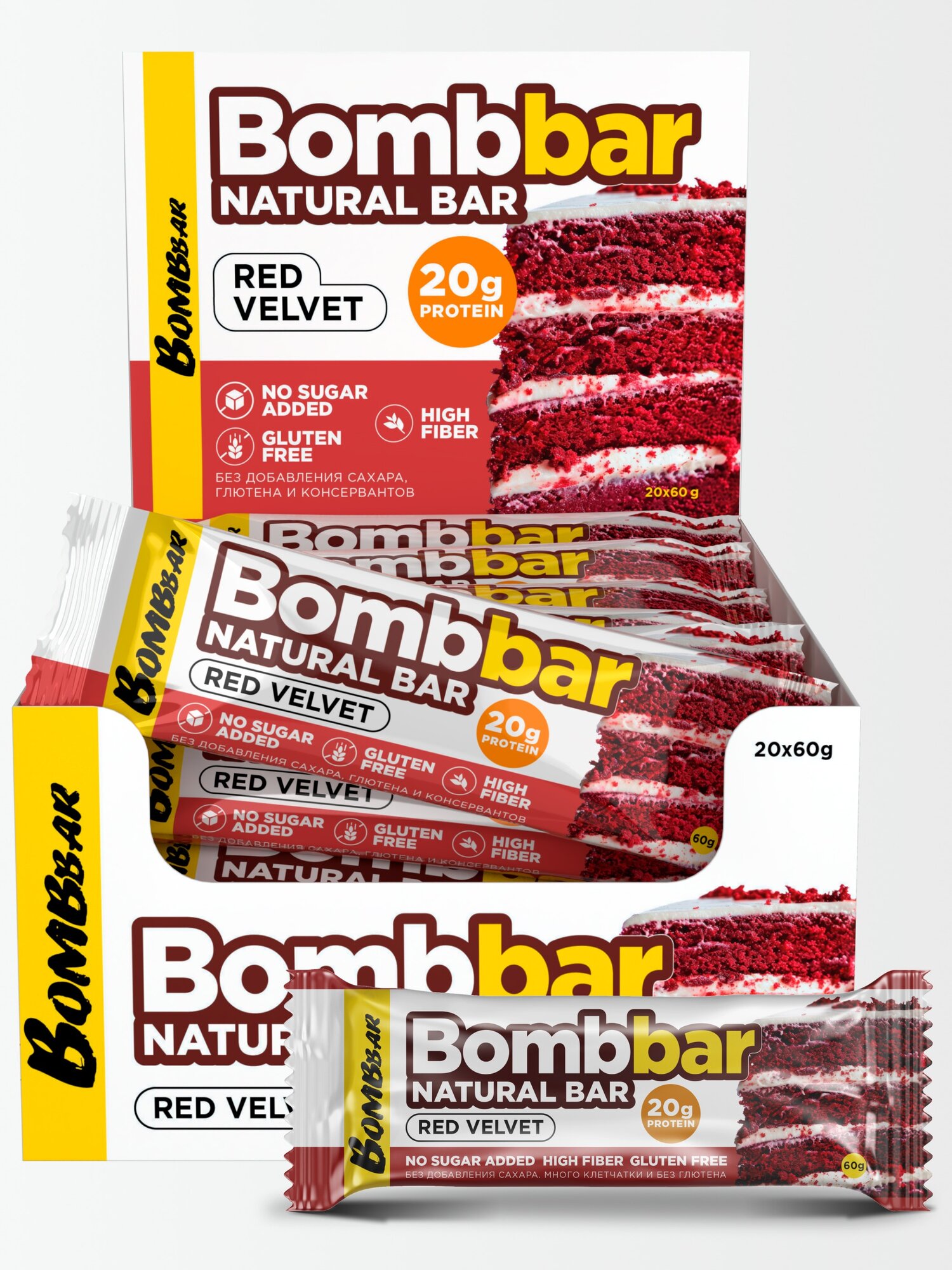 Протеиновый батончик BombBar Protein Bar 20 x 60 г, Красный бархат