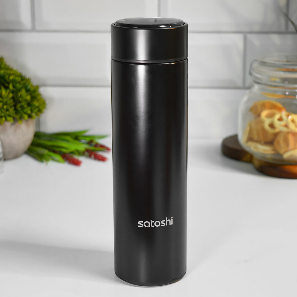 Термокружка с датчиком температуры 0,45 л, нержавеющая сталь, черная, с ситечком, "23 февраля" Satoshi