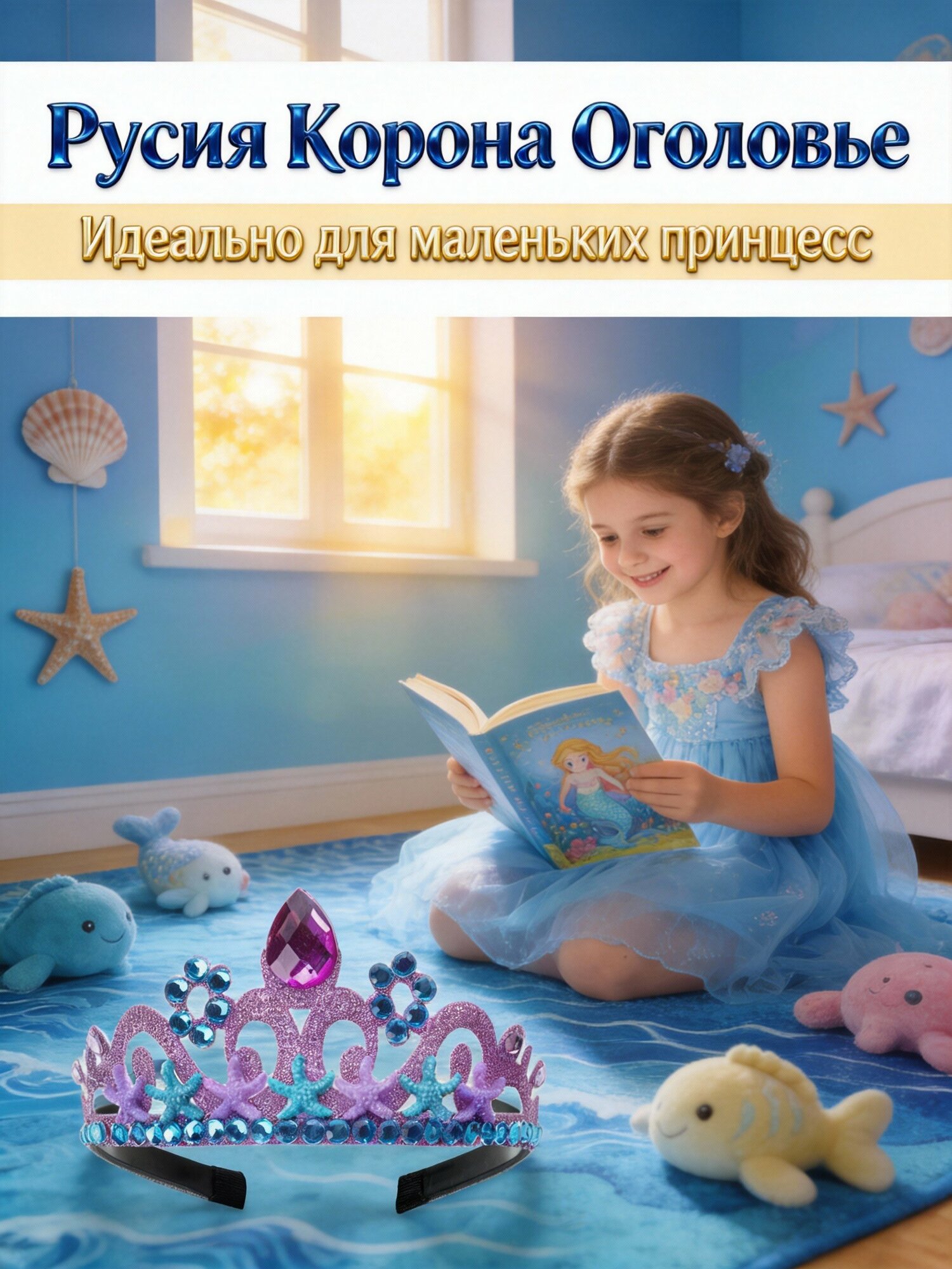 Повязка с короной русалки, фиолетовая из нетканого материала 12*6,5 см для праздников и карнавалов, подходит детям 4-6 7-12 12+