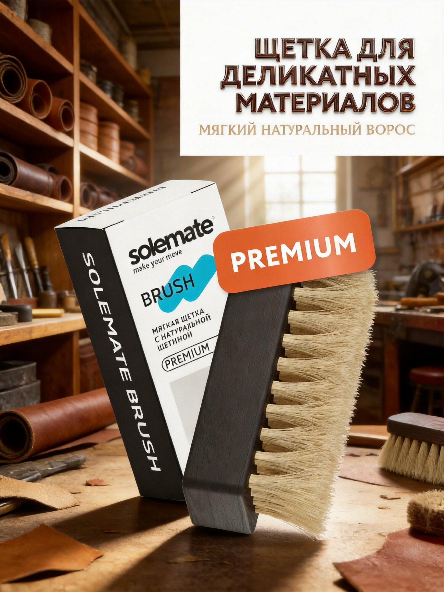 Мягкая щетка для обуви Solemate Premium, с натуральной щетиной для деликатной очистки замши, нубука и вязаного верха кроссовок