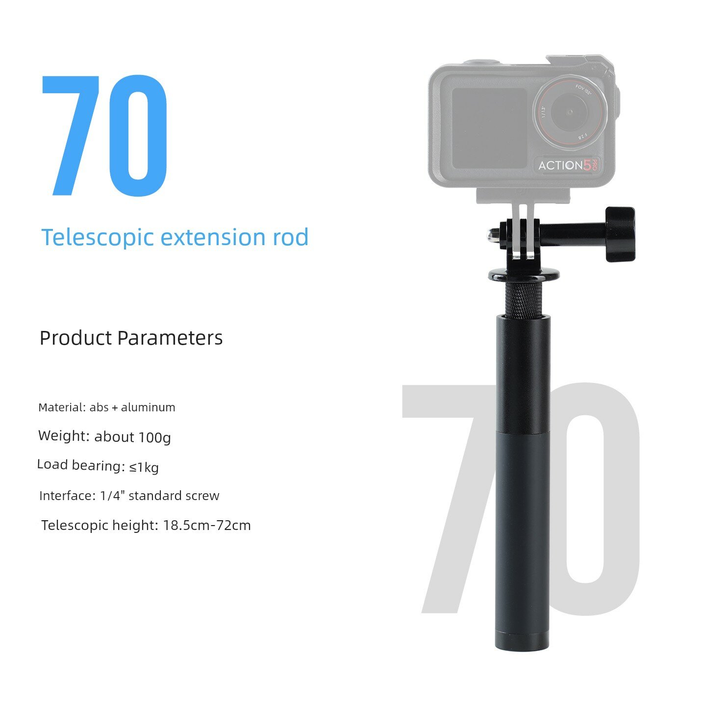Алюминиевый самозахват 70 см с адаптером для камер DJI Action 4/5 Pro, прочный и компактный