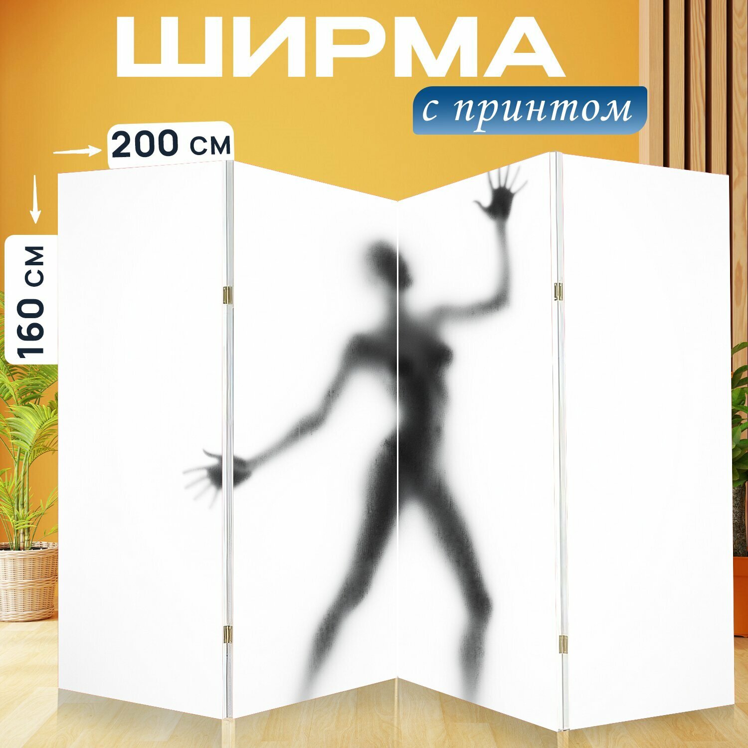 Ширма "Размытый силуэт за матовым стеклом. Черно-белая минималистичная композиция с неясным образом человека." перегородка для зонирования комнаты с принтом 200x160 см. на холсте
