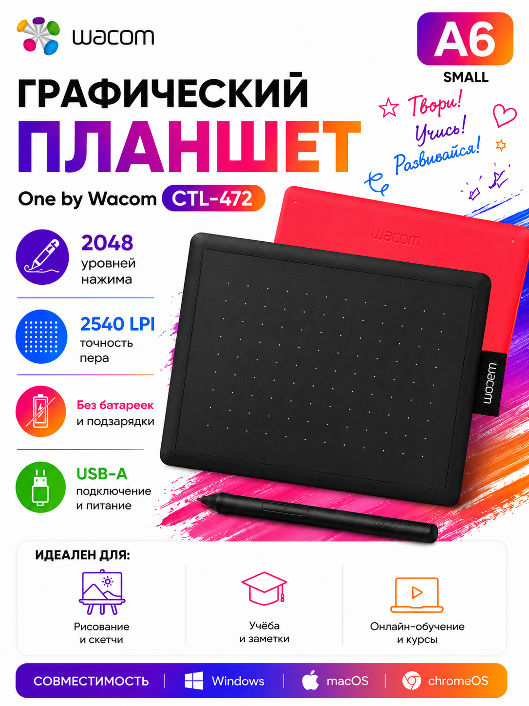 Графический планшет Wacom для рисования One Small CTL-472, A6, 2048 уровней давления, перо без батареи, для начинающих