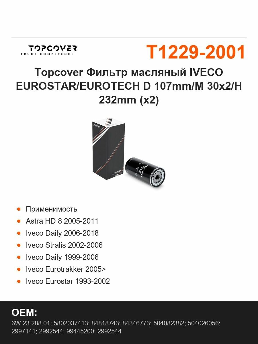 Topcover Фильтр масляный IVECO EUROSTAR/EUROTECH D 107mm/M 30x2/H 232mm (x2)