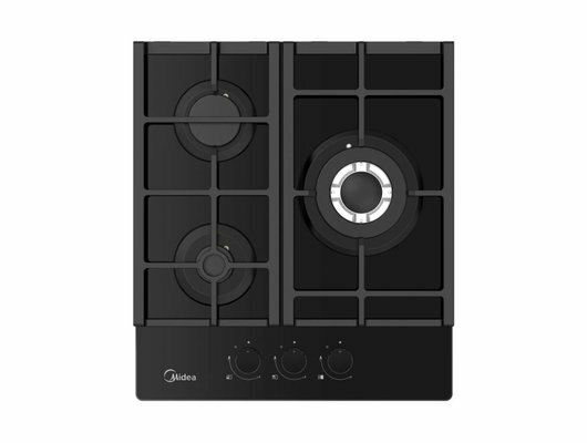 Газовая варочная панель MIDEA MG443TGB, 45 см, 3 конфорки, закаленное стекло, газ-контроль, механические кнопки, "Тройная корона", черная