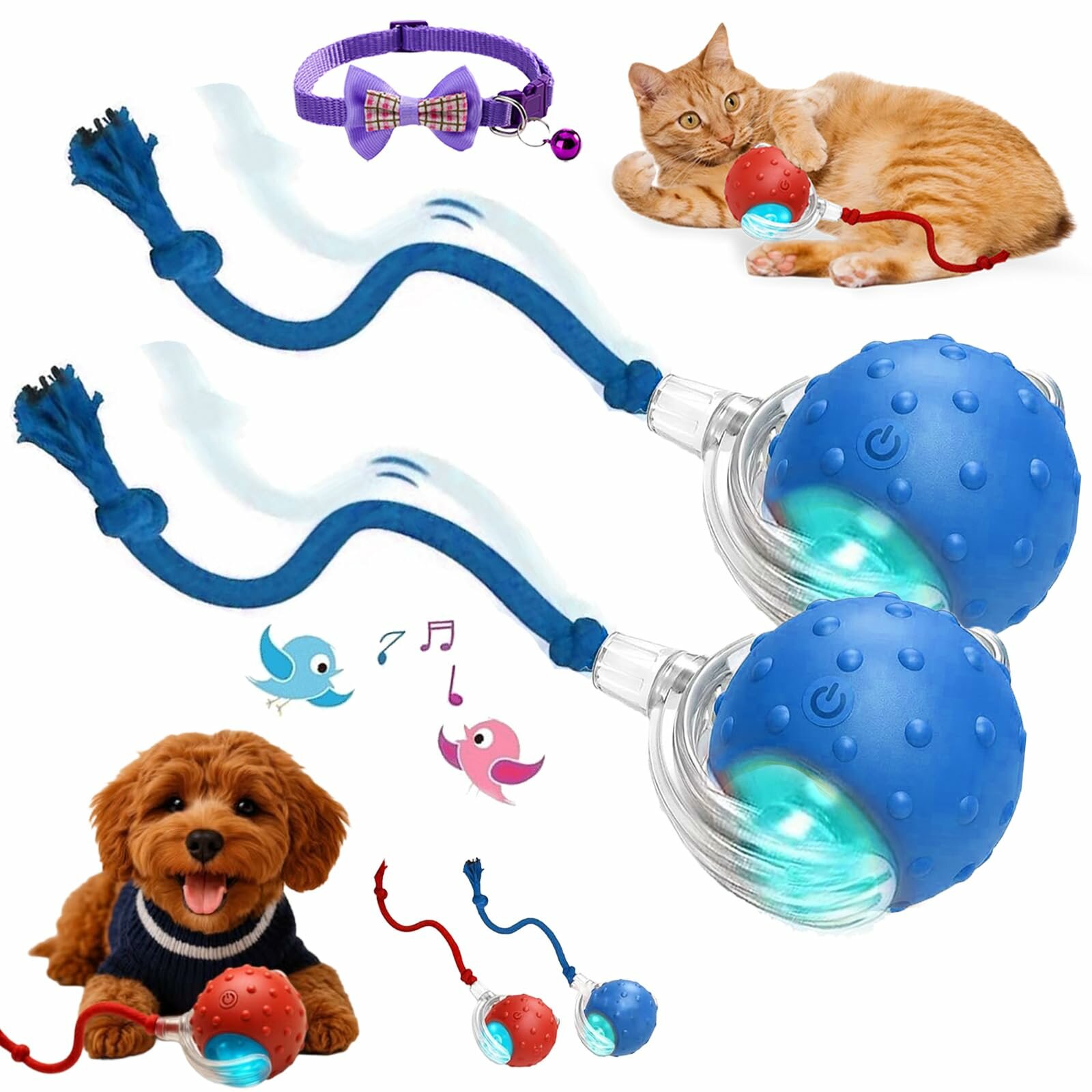 2026 New Tinyfetch Dog Toy, Tiny Fetch Motion Dog Toy 2.0, Interactive Fast Moving Ball with Birdsong, 360° Smart Automatic Rolling Electric Dogs Ball Toys with Rope for Dogs Cat Indoor Play (Blue*2), Диаметр 7.1*7.1*10.16 см, В комплект входят 2 шара, 1