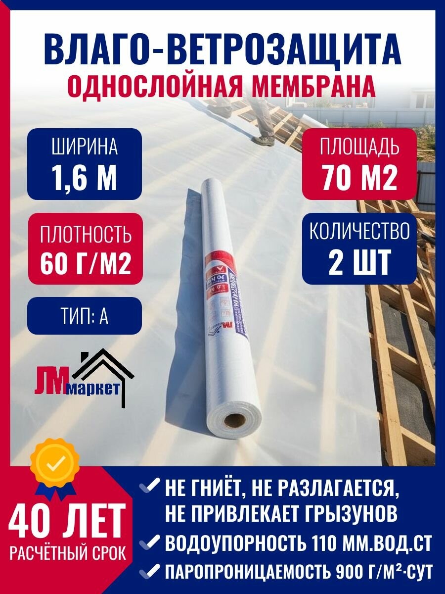 Влаго-ветрозащитная однослойная мембрана ЛМ Маркет А, 70 м2, 1, 6 м, 2 рулона