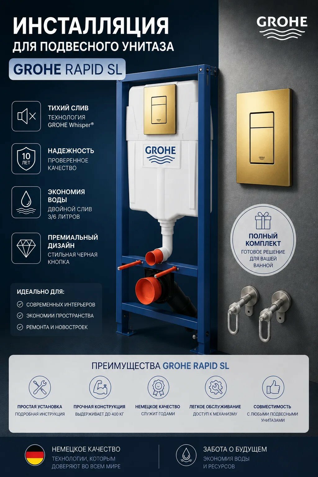 Инсталляция для подвесного унитаза Grohe Rapid SL 3 в 1 комплект с клавишей Золото