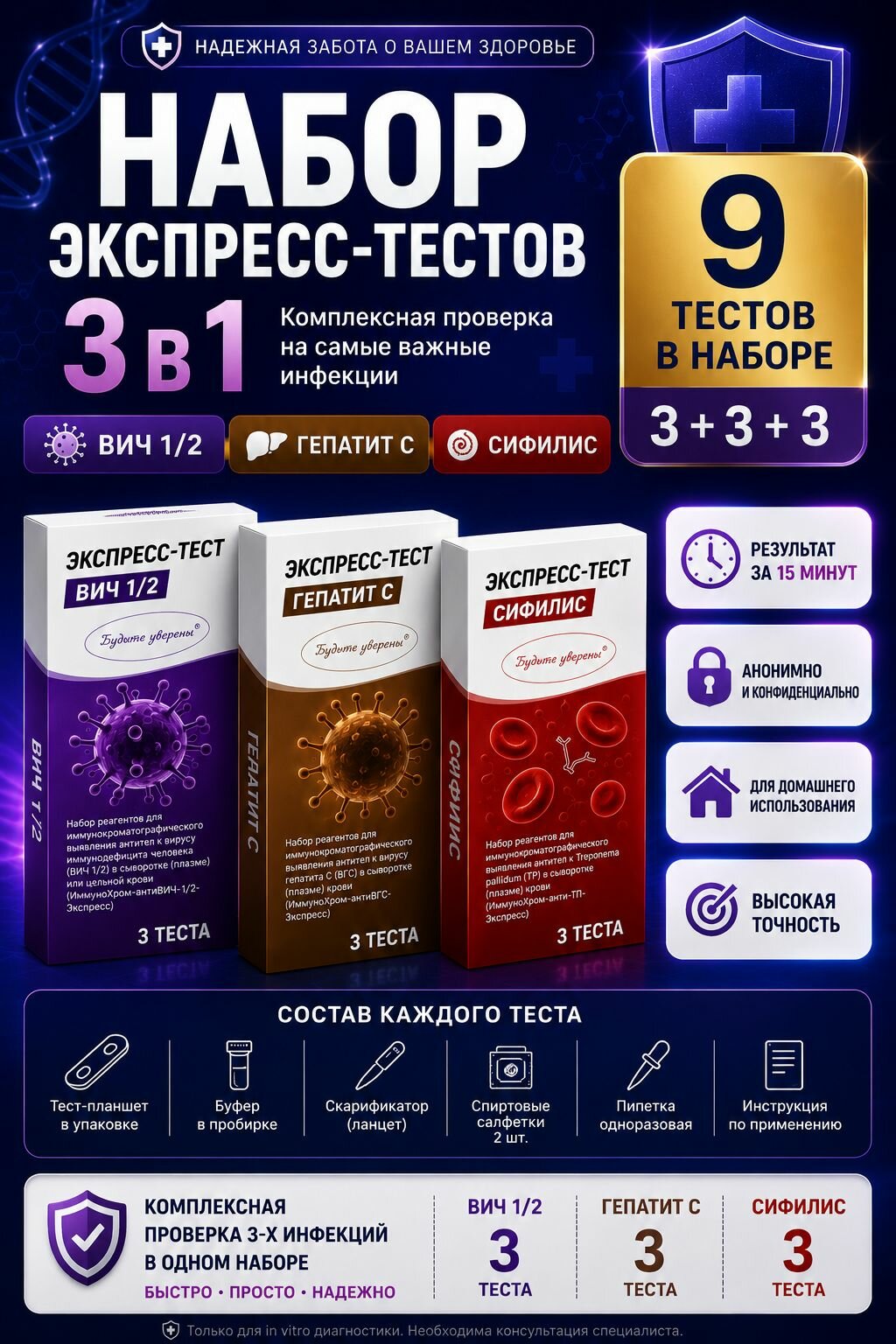 Экспресс-тесты на ВИЧ( 3шт), Сифилис ( 3 шт) , Гепатит С ( 3 шт)