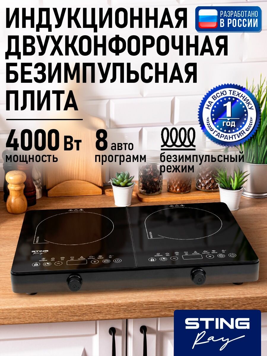 STINGRAY Индукционная варочная панель, 2 конфорки, безимпульсная плитка, черный