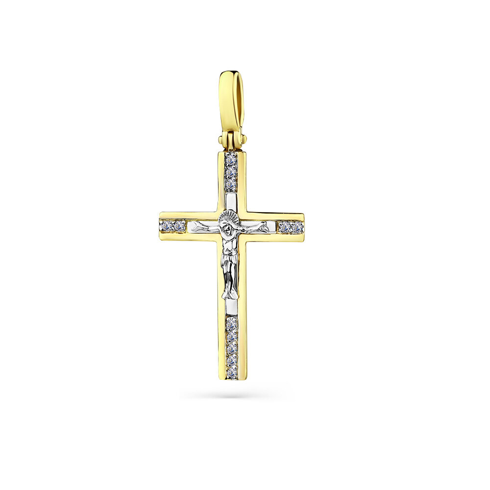 Крестик, белое, желтое золото, 585 проба, бриллиант