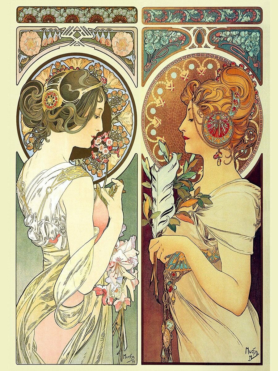 Постер А3. Альфонс Муха. Примулы и Перо.