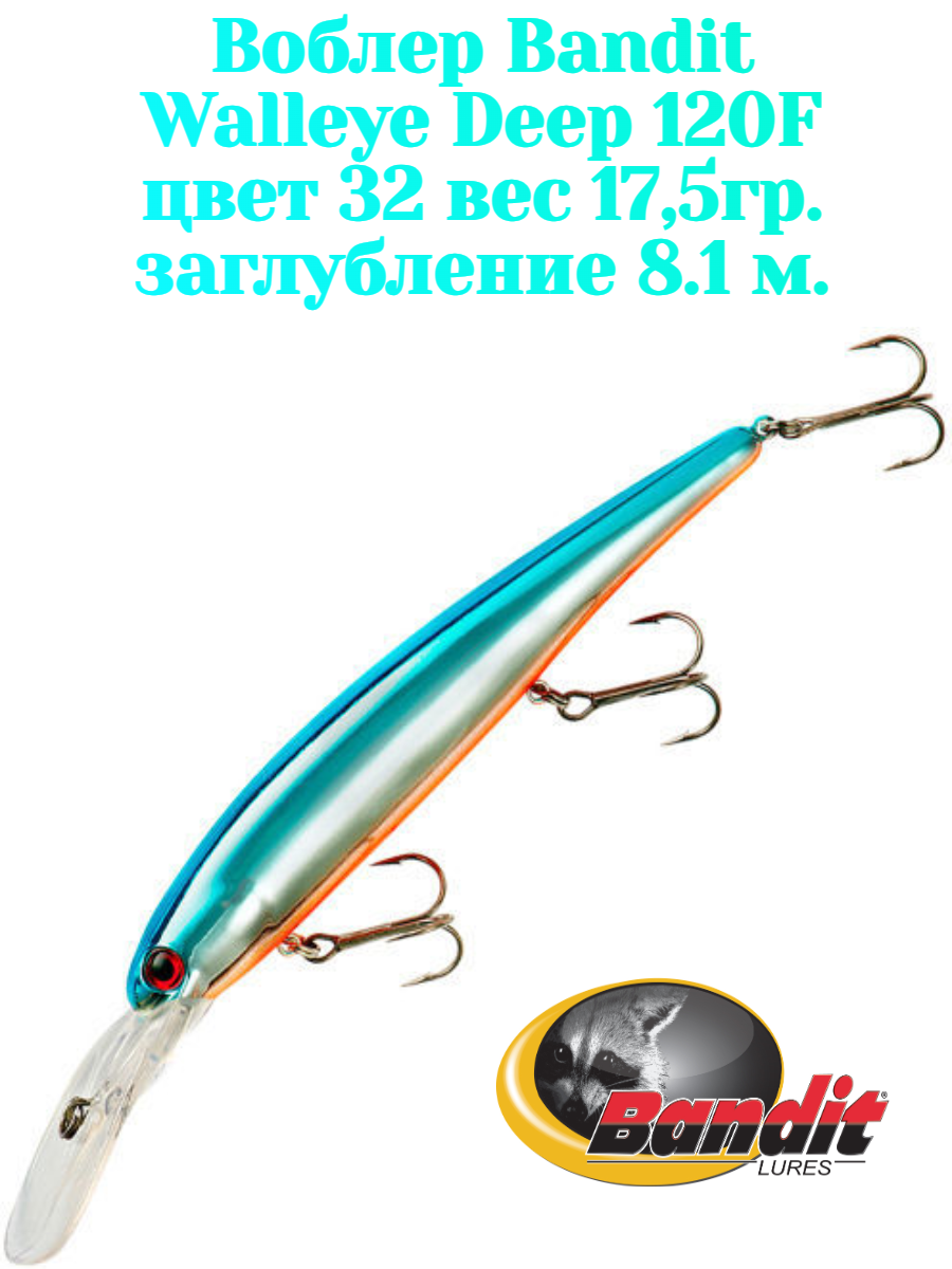 Воблер Bandit Walleye Deep 120F original цвет 32 BLUE BACK вес 17,5гр. заглубление 8.1 м.