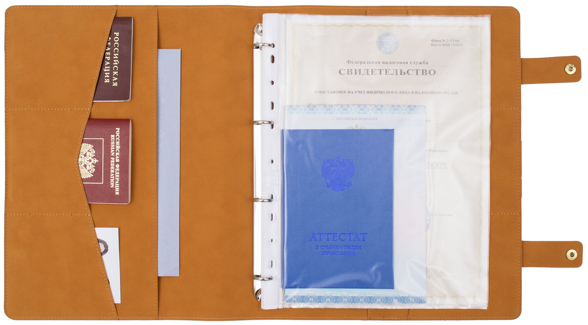 Папка для документов, органайзер на кольцах в мягком переплете А4 экокожа NUBUCK цвет горчичный ArtLez + 10 файлов в подарок