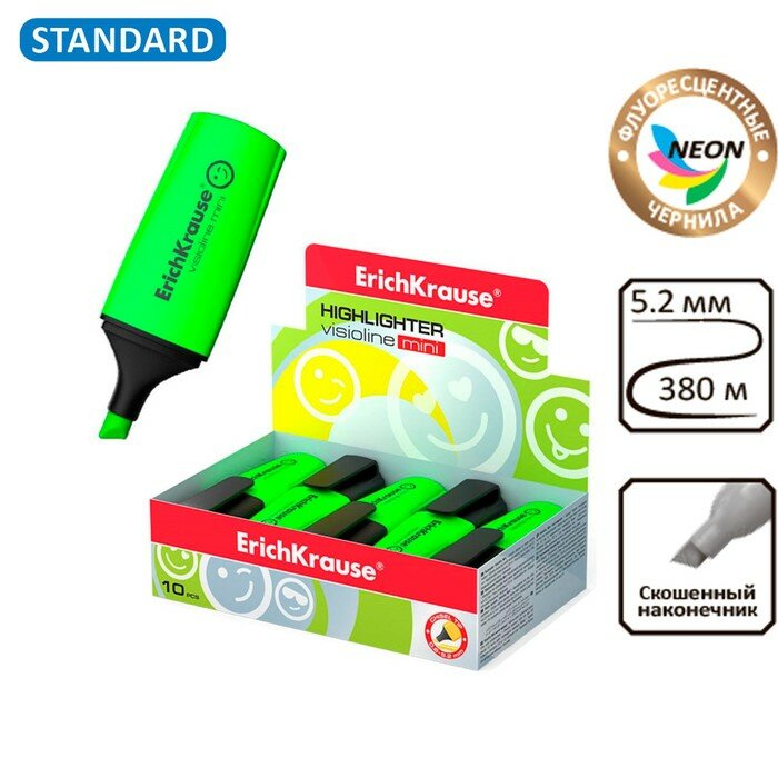 Маркер текстовыделитель ErichKrause Visioline Mini, 0.6-5.2 мм, флуоресцентные чернила на водной основе, зелёный, 3586664