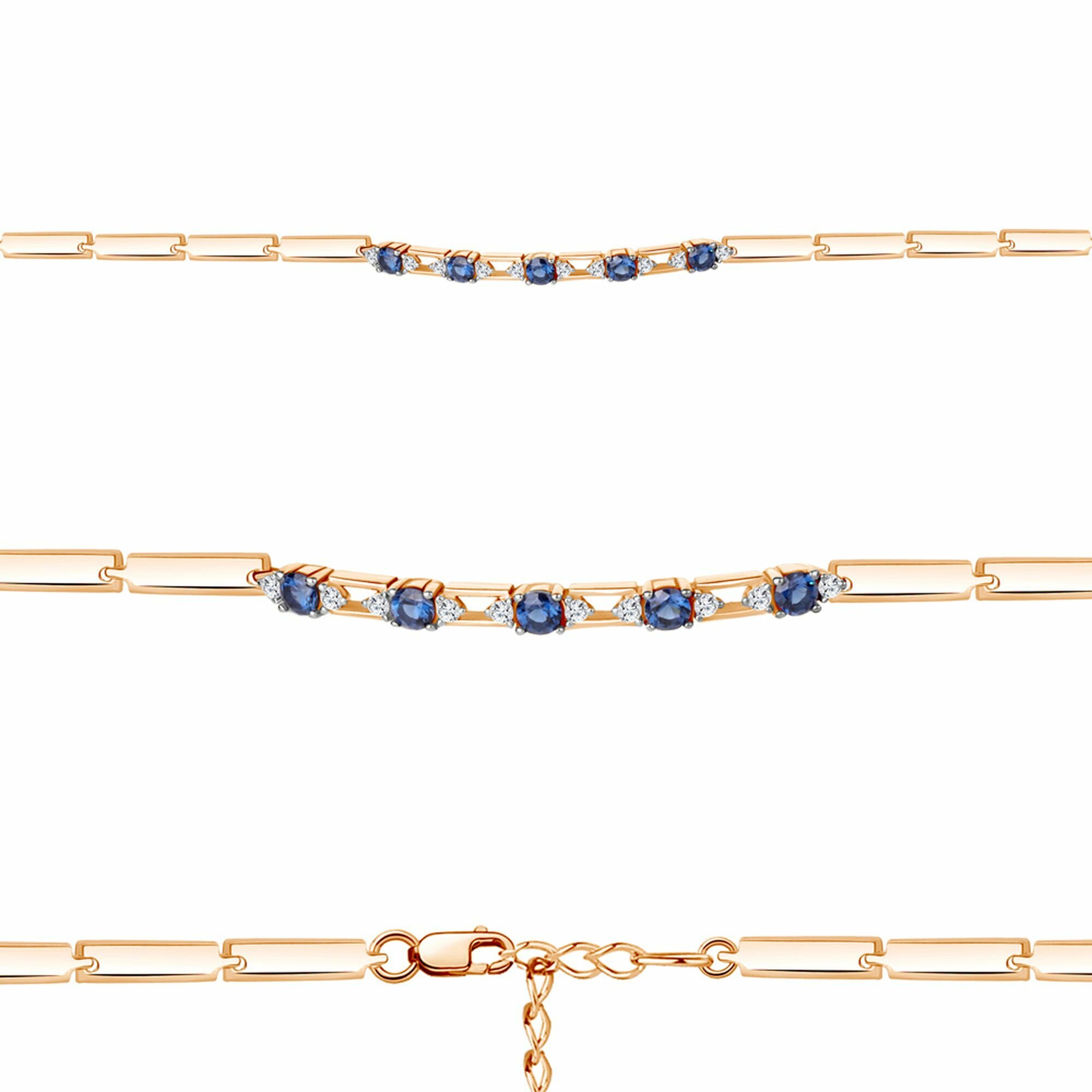 Браслет, серебро, 925 проба, золочение, фианит, сапфир синтетический