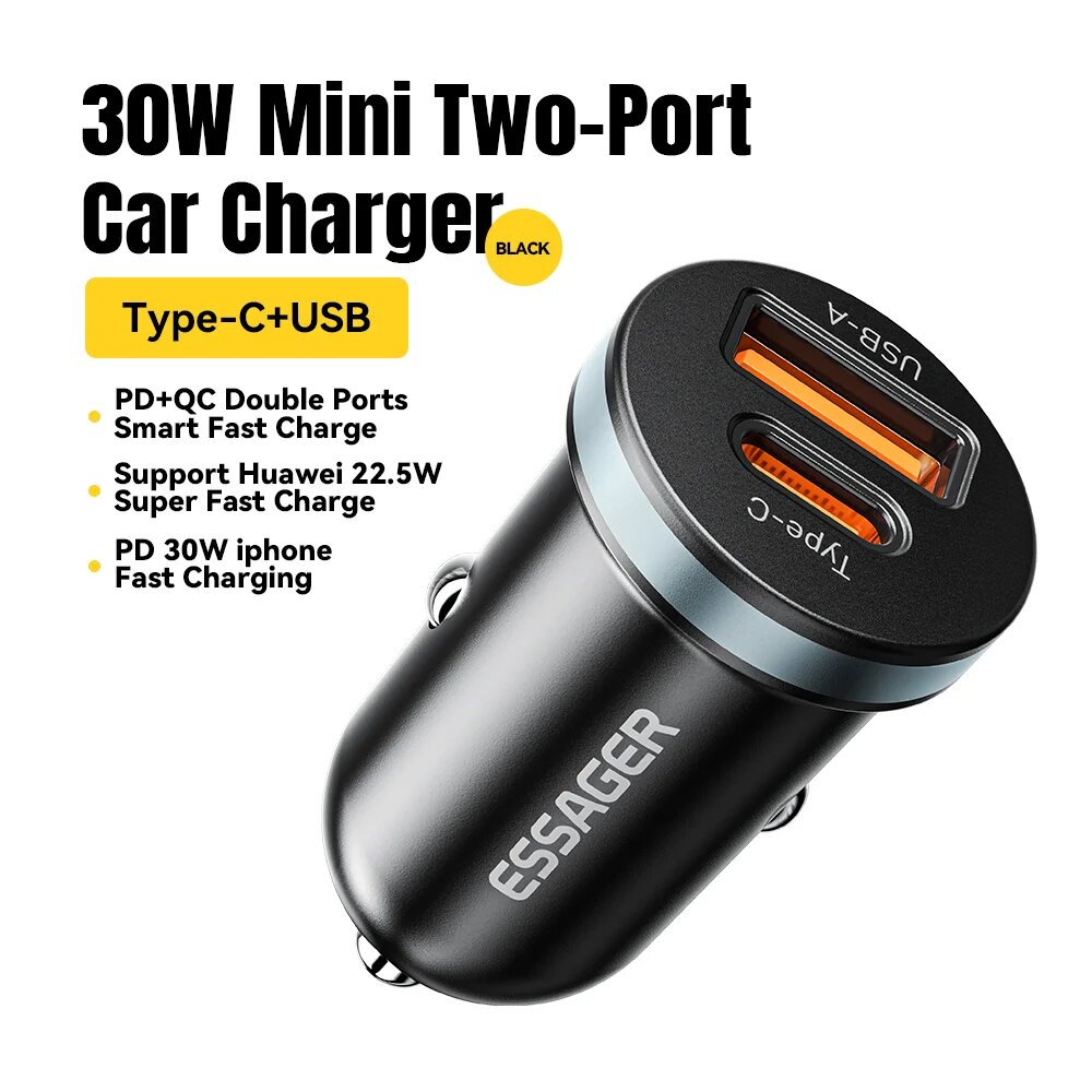 Автомобильное зарядное устройство Essager 30 Вт USB Type C, быстрая зарядка PD QC 3.0 FCP AFC для iphone 14 13 12 Адаптер для мобильных телефонов Xiaomi Huawei Samsung