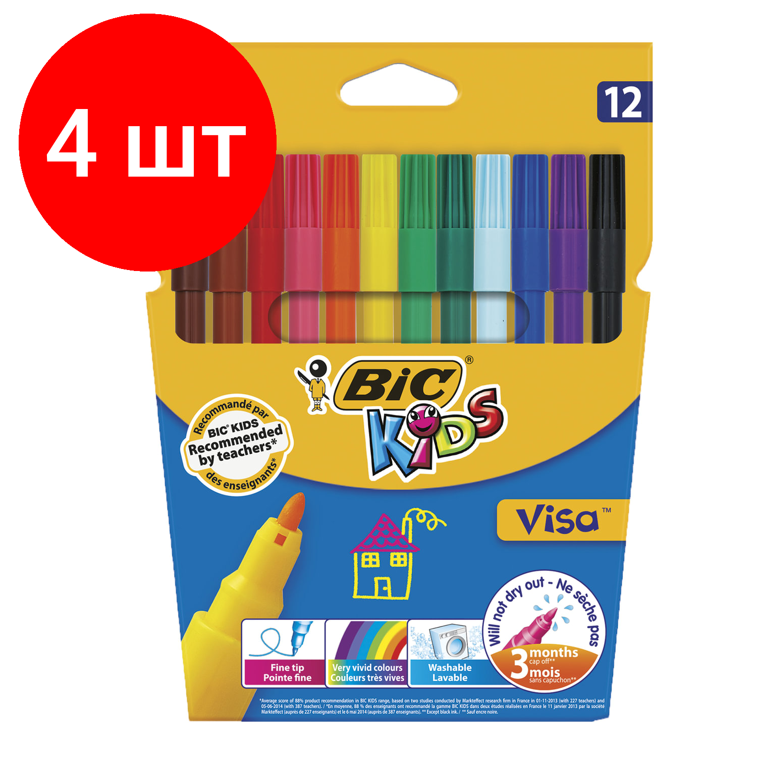 Комплект 4 шт, Фломастеры BIC "Kids Visa", 12 цветов, суперсмываемые, вентилируемый колпачок, европодвес, 889695, 888695