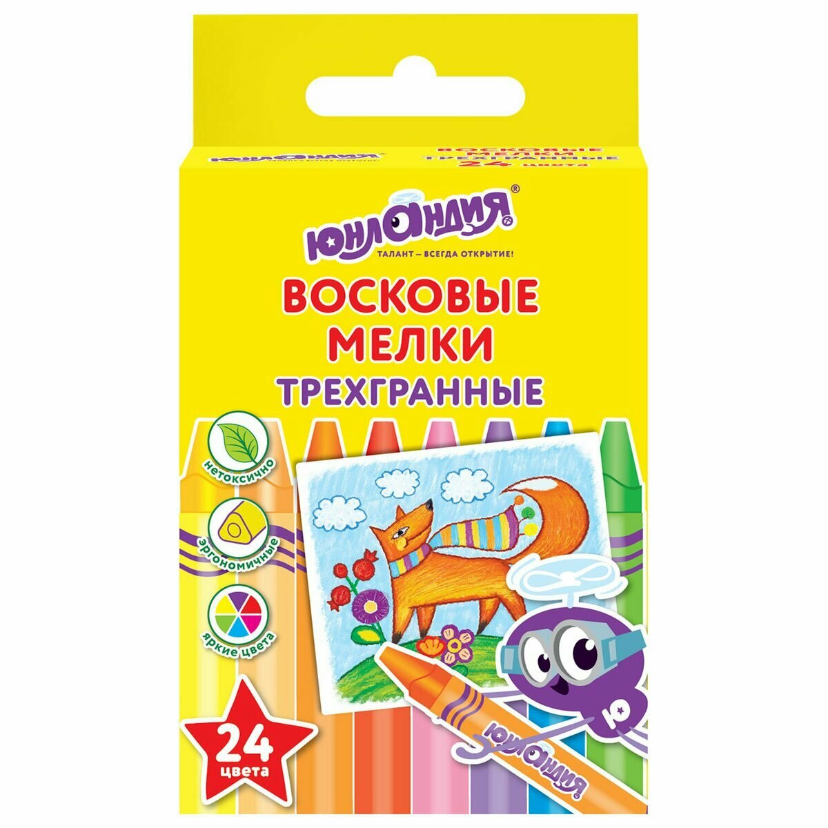 Карандаши восковые 24 цвета Юнландия "Юнландик и Мудрый Лис" (D=8мм, 3гр) (227291), 12 уп.