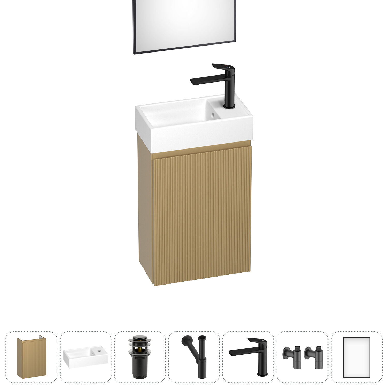 Влагостойкая тумба с раковиной в ванную комнату или туалет Wellsee WC Area 20216908R в наборе 7 в 1: тумба 40 см (матовый бежевый), маленькая раковина, донный клапан, сифон, смеситель, вентили 2 шт, зеркало (цвет набора матовый черный)