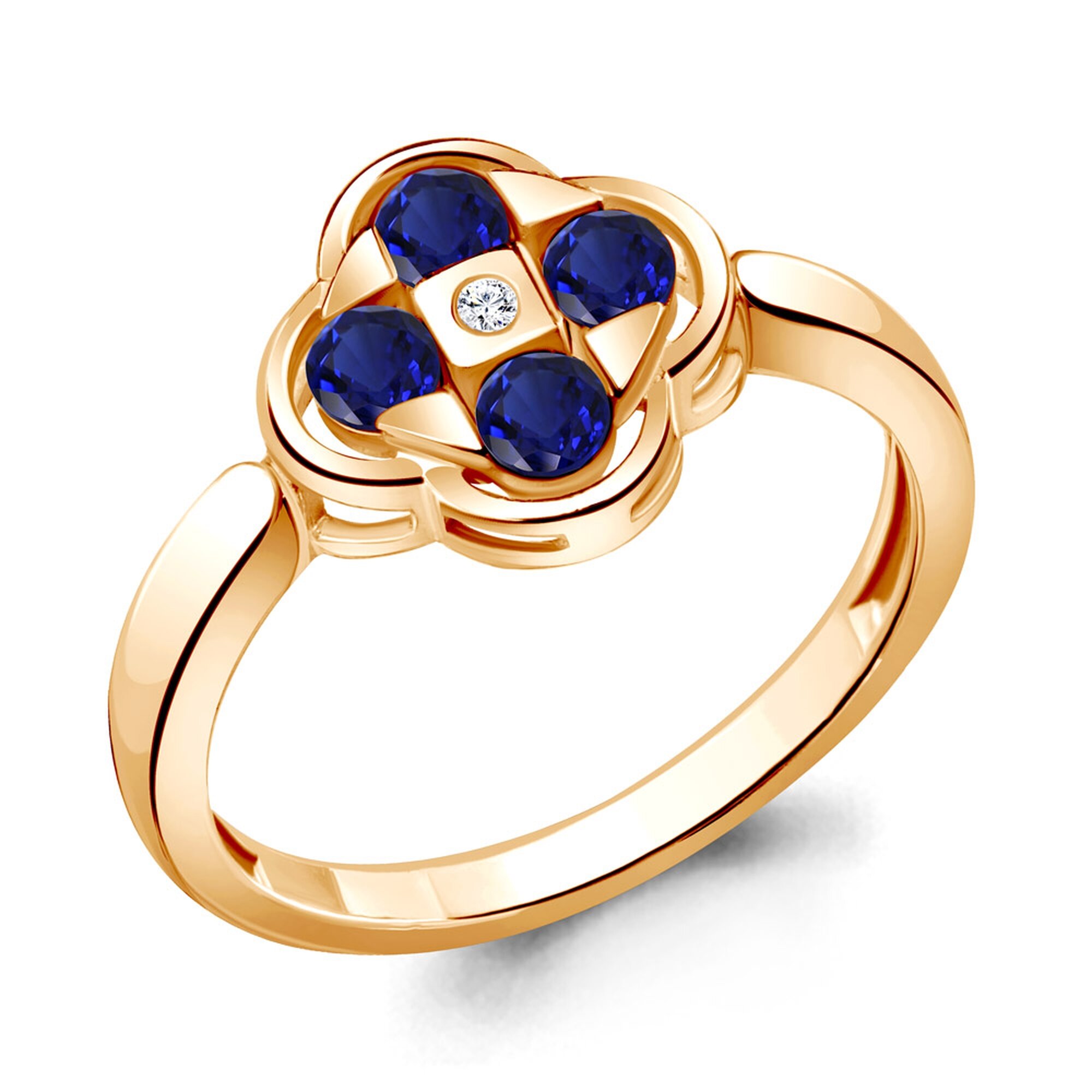 Кольцо, серебро, 925 проба, золочение, фианит, сапфир синтетический