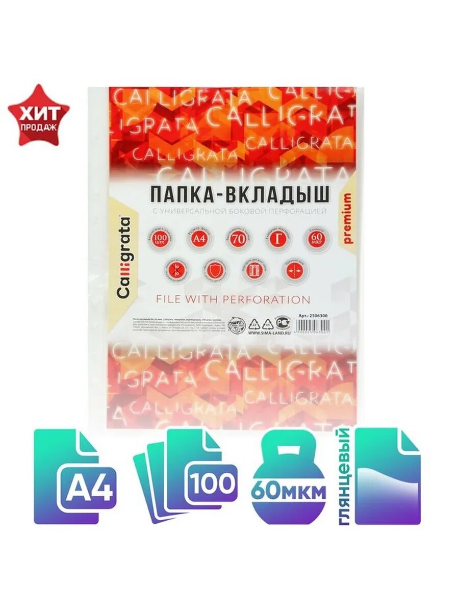 Файл-вкладыш А4, 60 мкм, Calligrata, плотные, глянцевый, вер
