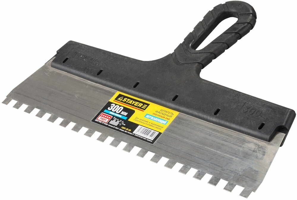 Шпатель фасадный STAYER Flat, 300 мм, зуб 8х8 мм, пластиковая ручка, нержавеющий, профессиональный 1009-30-08