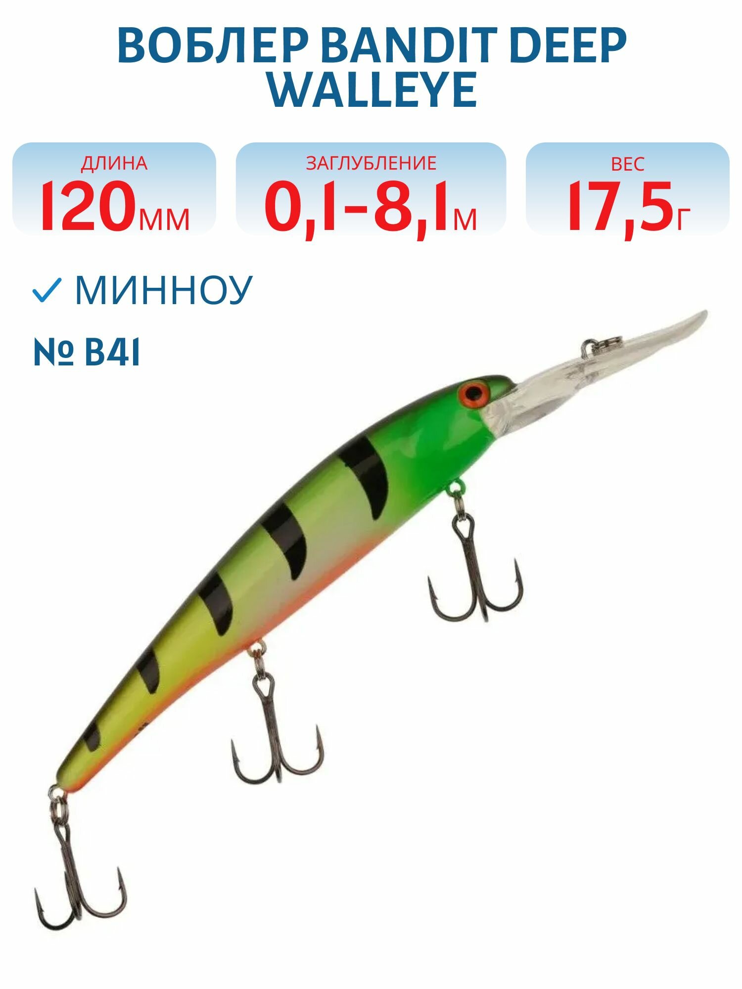 Воблер BANDIT DEEP WALLEYE, 120 мм, 17,5 гр, цвет B41