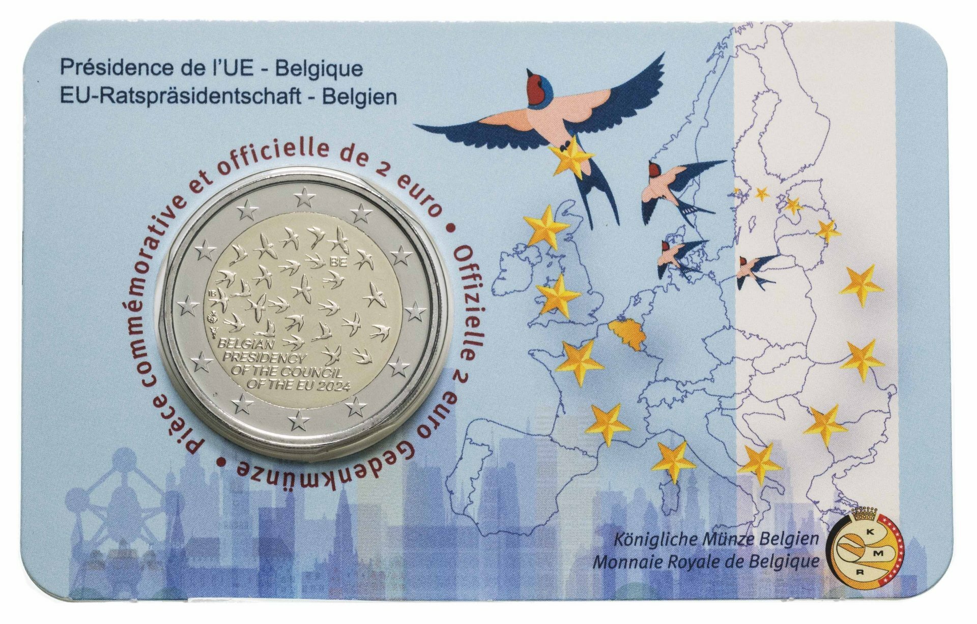 Бельгия 2 евро 2024 "Председательство Бельгии в Совете ЕС" на французском языке, Биметалл, в сохранности BUNC