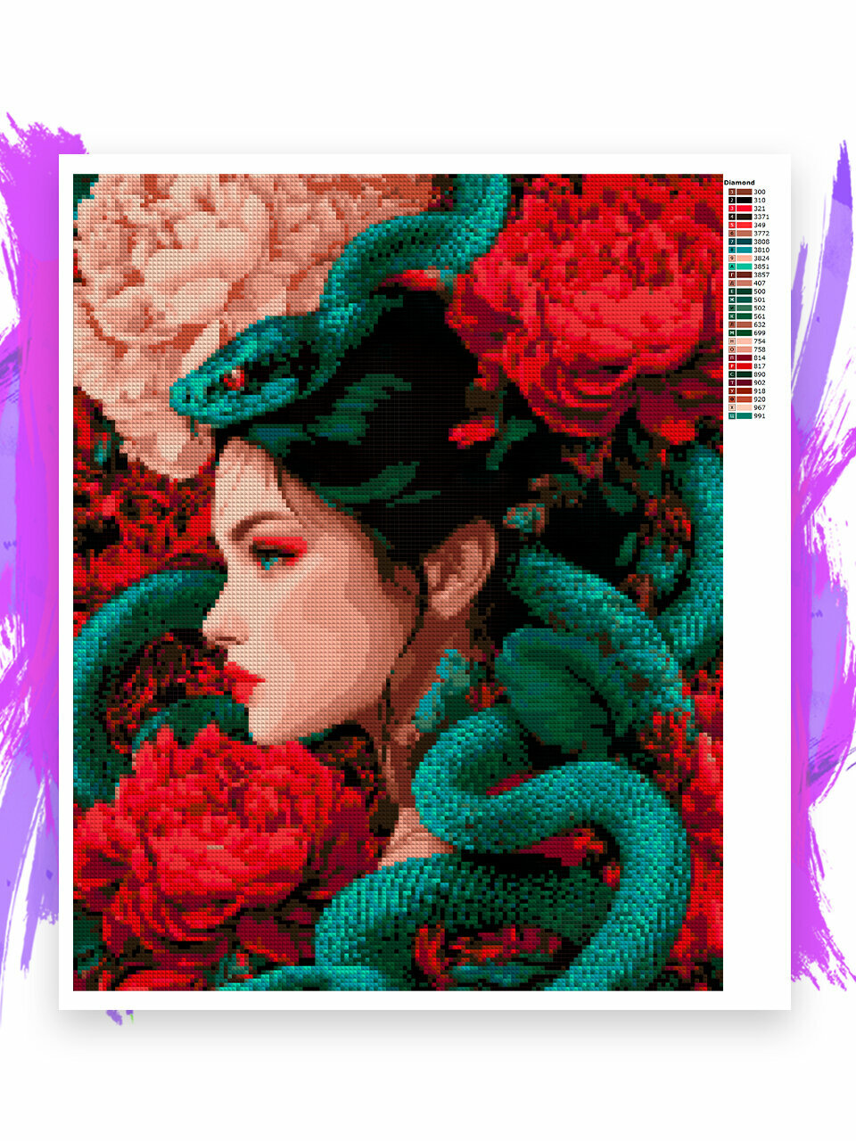 Алмазная мозаика без подрамника - вышивка Девушка со змеями в пионах 40 х 50 см