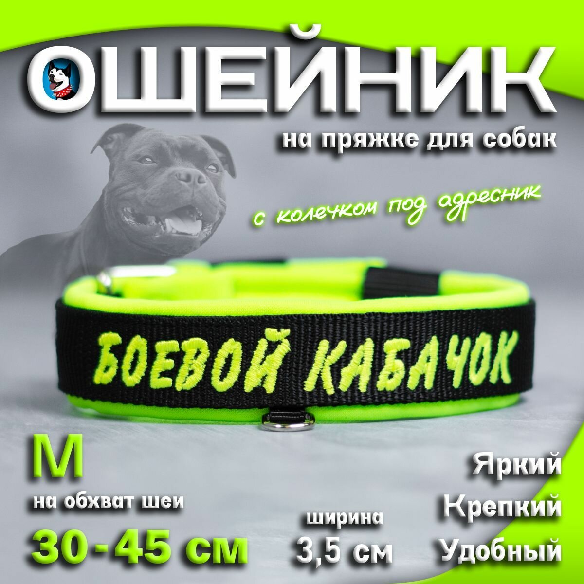 Ошейник для собак Buddy team на пряжке, с вышивкой боевой кабачок, ширина 3,5 см, с мягким подкладом для средних и крупных пород, размер M