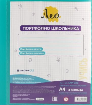 Лео Учись папка-портфолио школьника на 4 кольца A4 700 мкм 25 мм песок бирюзовый LNKP-022-JU62