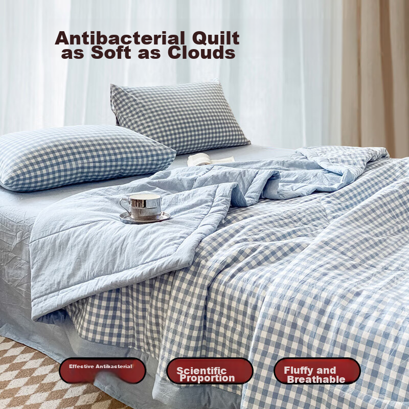 MUJI Pure Cotton Soybean Air Conditioning Quilt, Class A Antibacterial Summer Cool Quilt, Washable Cotton Quilt, 200*230cm, Blue Small Check Pattern