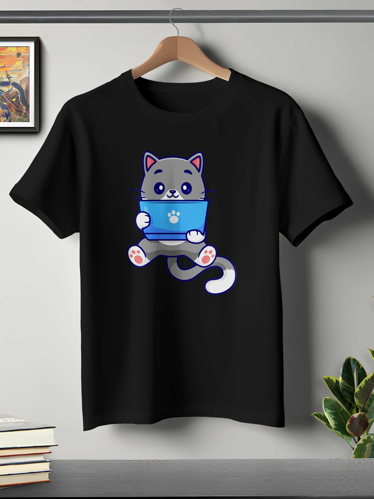 Футболка  Детская ONEQ 128 (8-9) размер с принтом Котенок, черная