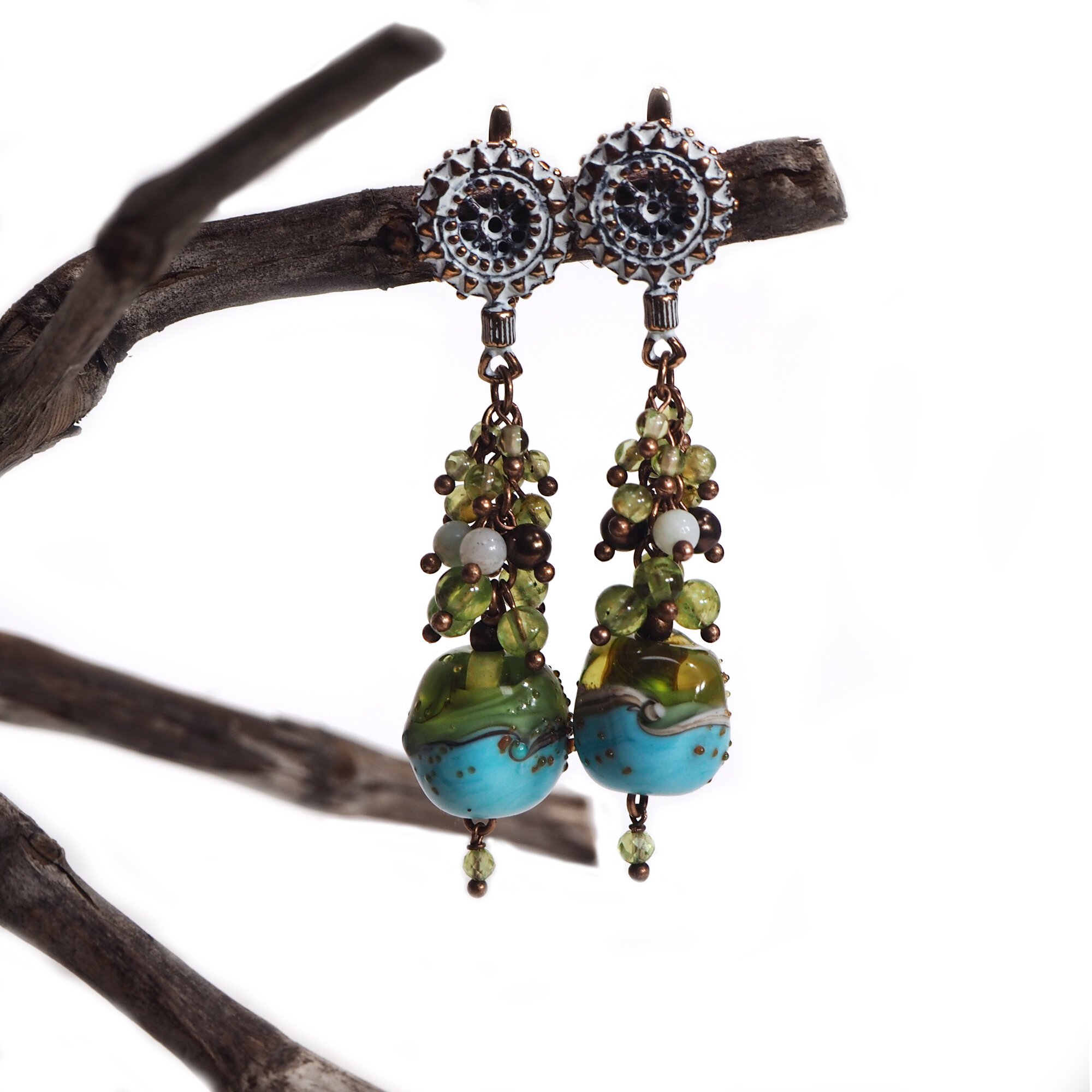 Серьги с подвесками, муранское стекло, хризолит, аквамарин