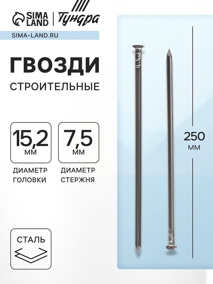Гвозди тундра, строительные, ГОСТ 4028-63, без покрытия, 7.5×250 мм, 5 кг