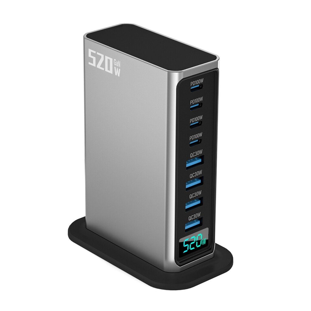 Комплект для подключения питания,520W зарядное устройство на основе нитрида галлия, быстрое зарядное устройство на 8 портов, настольная зарядная станция, американская вилка - серебристый, комплект