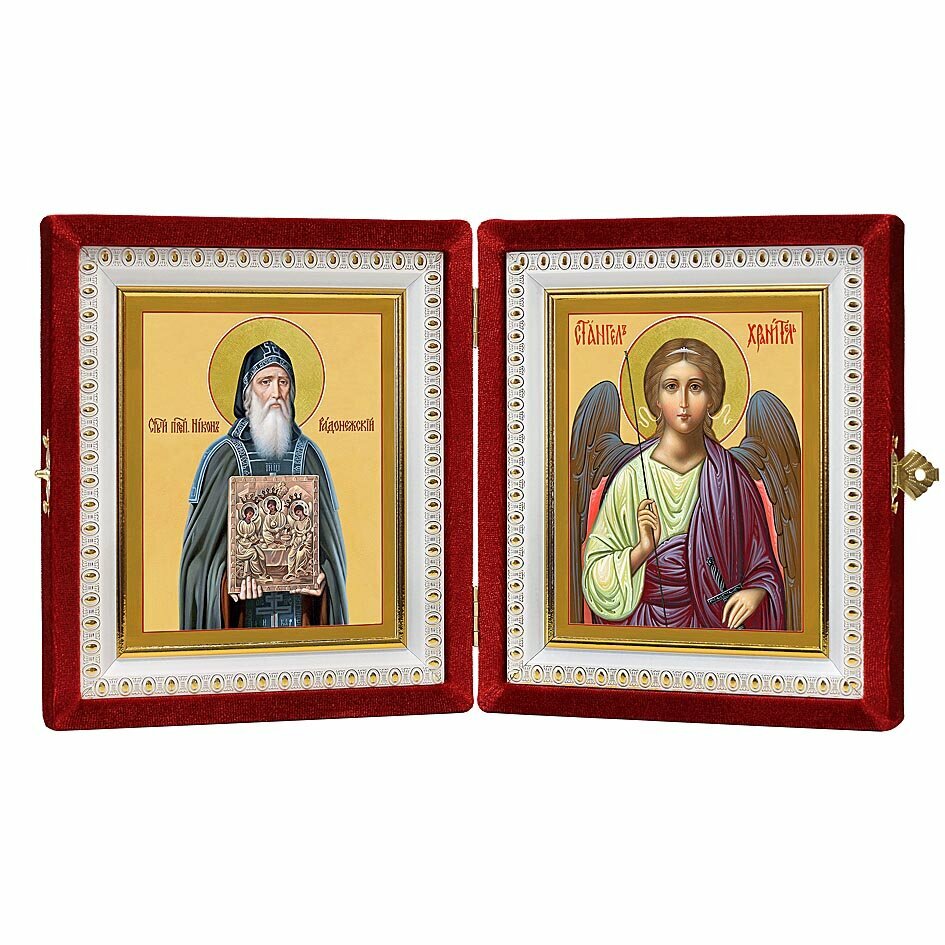 Складень именной "Преподобный Никон Радонежский, чудотворец - Ангел Хранитель", размер ликов 10*12 см
