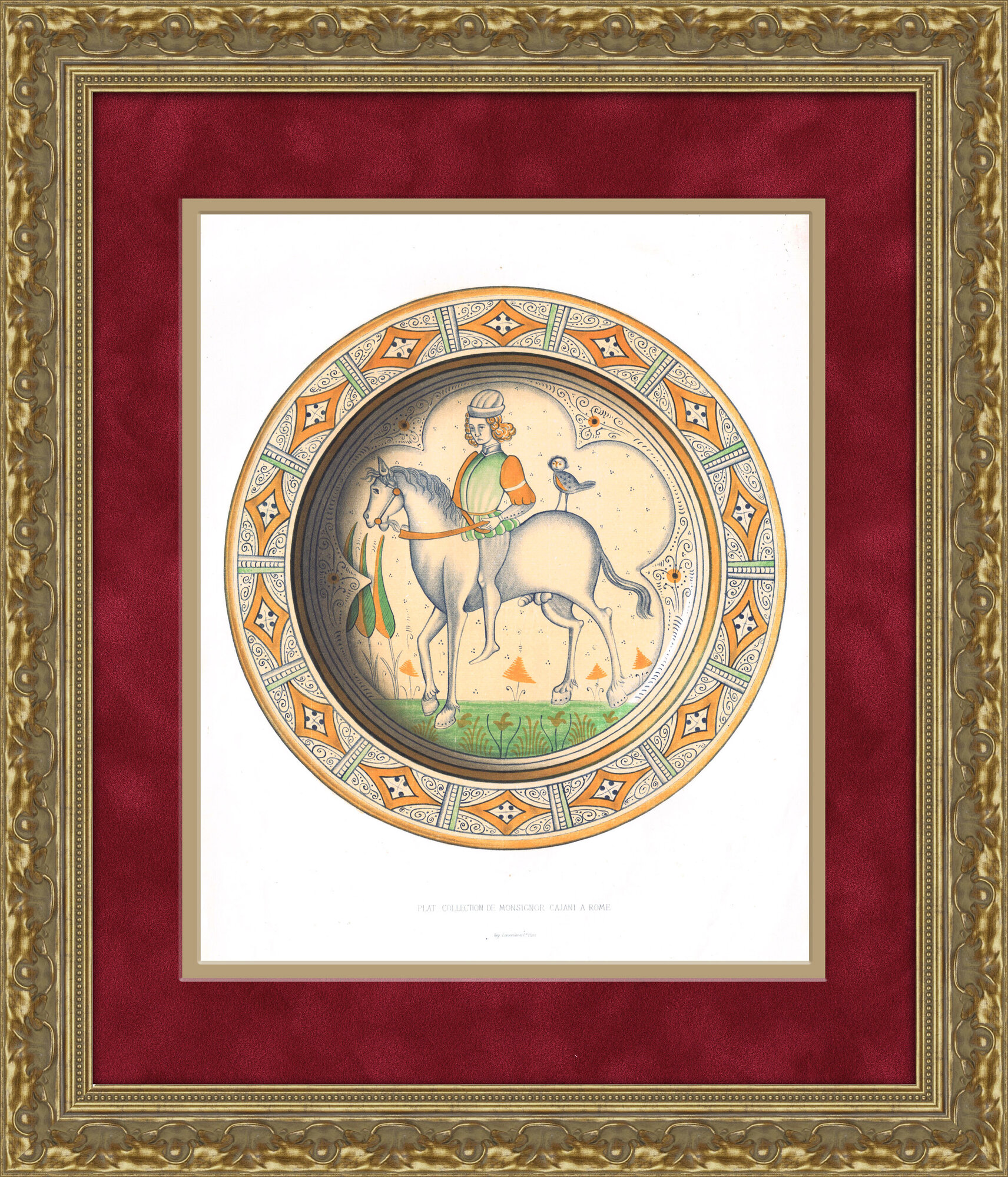 Антикварная литография, Знатный синьор на конной прогулке. 50х60см в раме, под стеклом, с паспарту