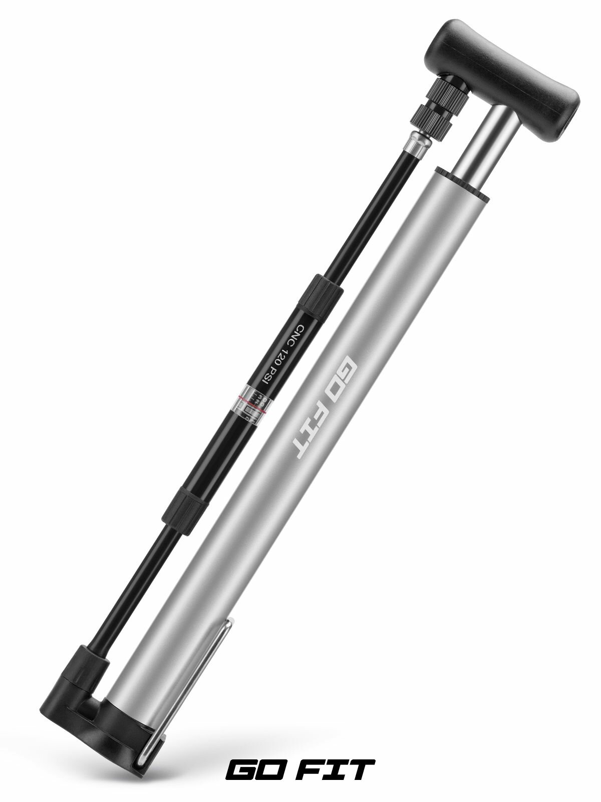 Насос для велосипеда GO FIT Active велосипедный ручной, набор с универсальным креплением на раму и иглой, портативный для самоката, мяча, матраса, серебристый