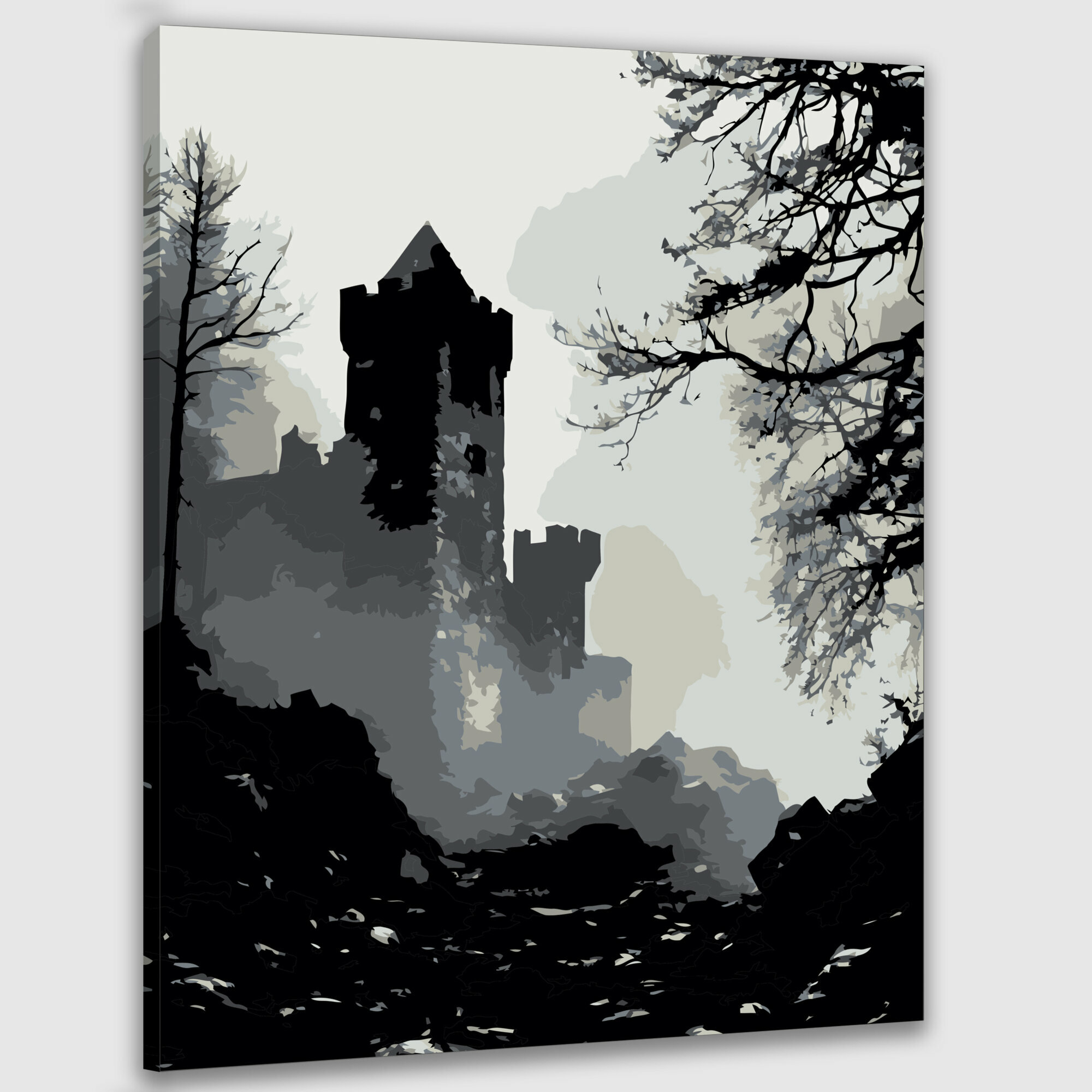 Картина по номерам 40x50 см, черно-белая фотография, древний замок, туман, жутковатые леса, высокие башни
