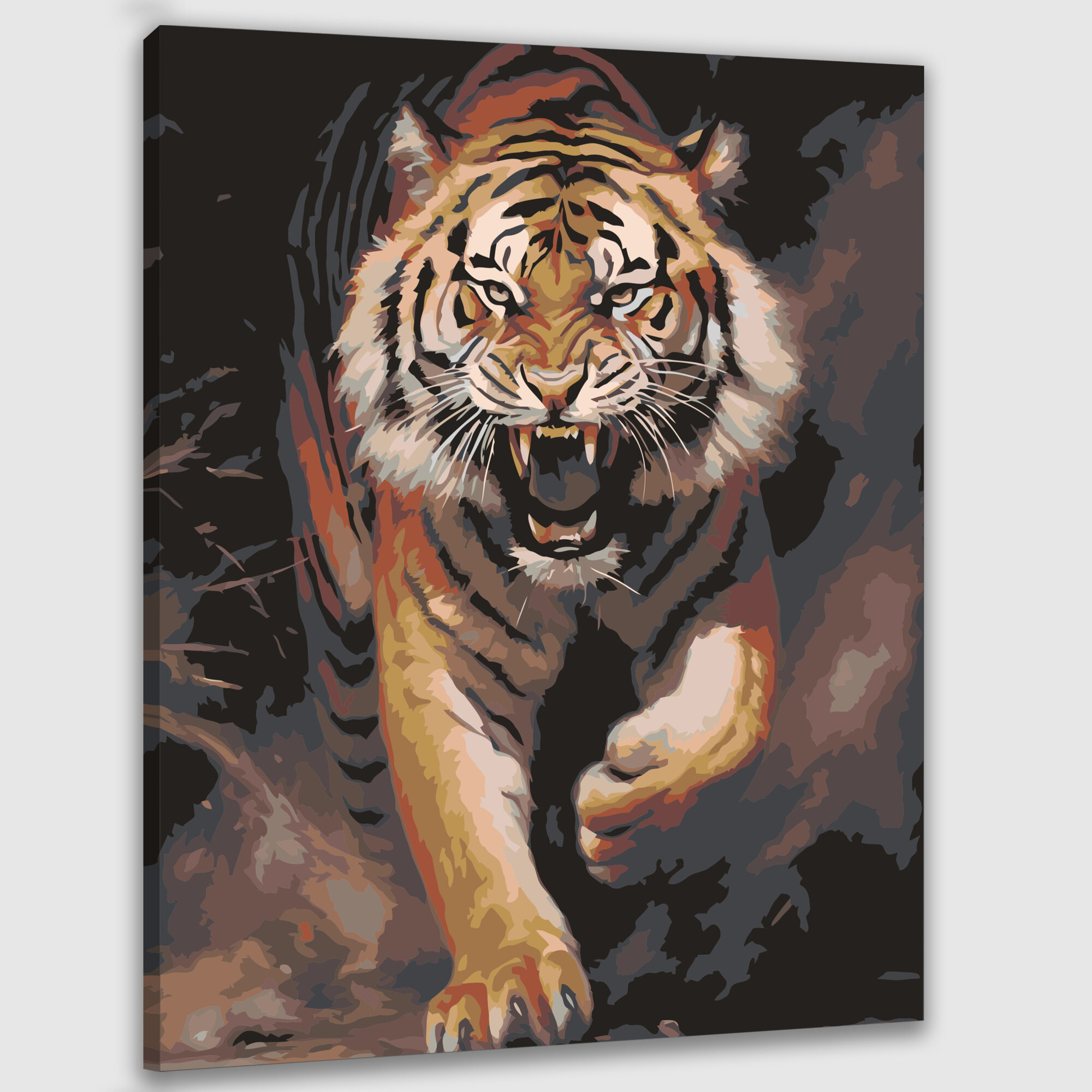 Картина по номерам 40x50 см, картина маслом, тигр, рёв, мощь, энергия, морда, мышцы, усы, яркие цвета, шерсть, фон