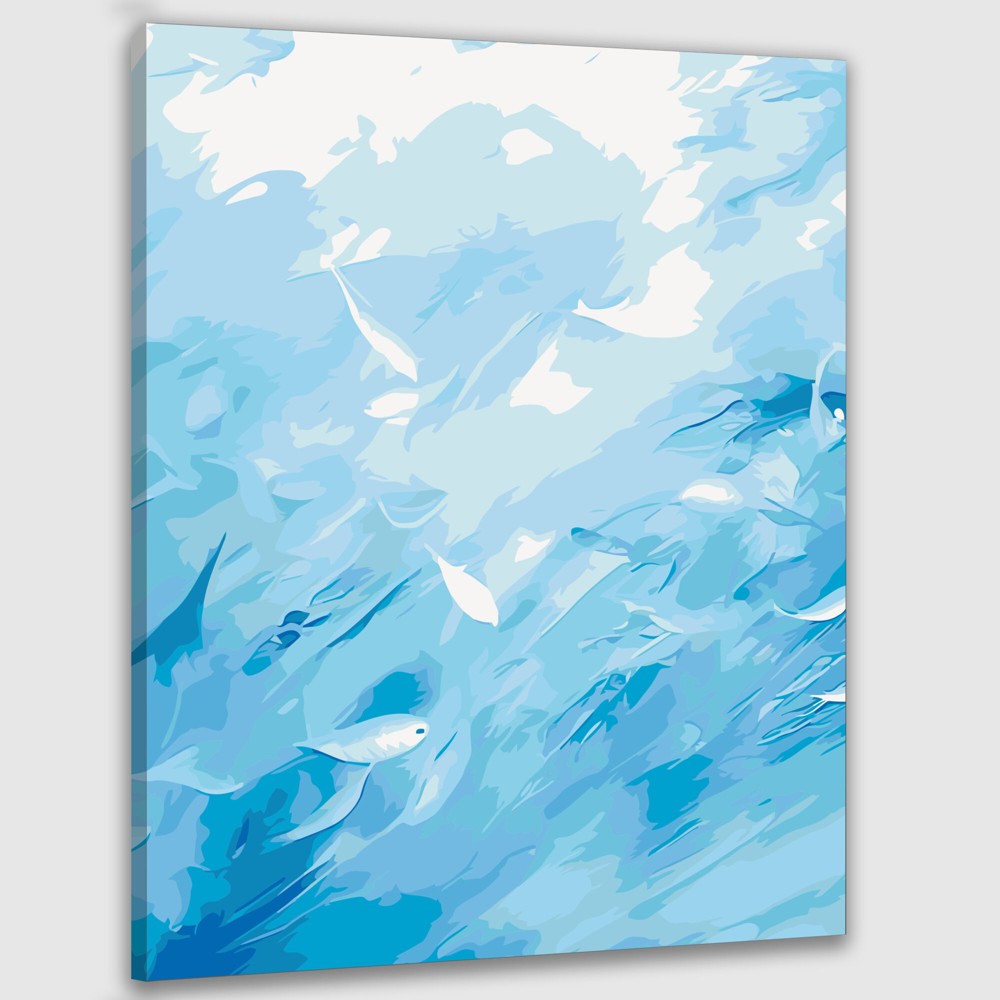 Картина по номерам 40x50 см, вода, море, танец, оттенки, синий, зеленый, свет, солнце, поверхность, рыбы, волны, чайки