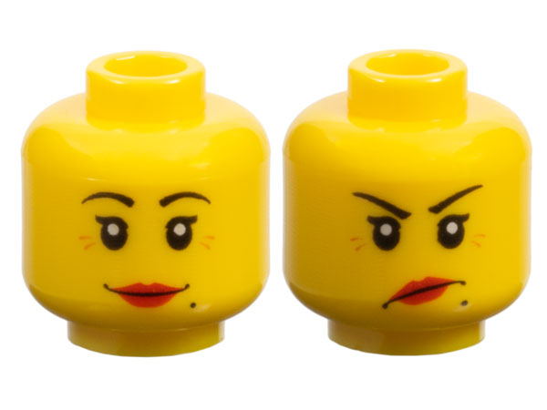 Minifigure, Head Dual Sided Female Black Eyebrows, Single Eyelashes, Beauty Mark, Red Lips, Medium Nougat Wrinkles, Grin / Angry Lopsided Frown Pattern, 3626pb0366 Yellow U